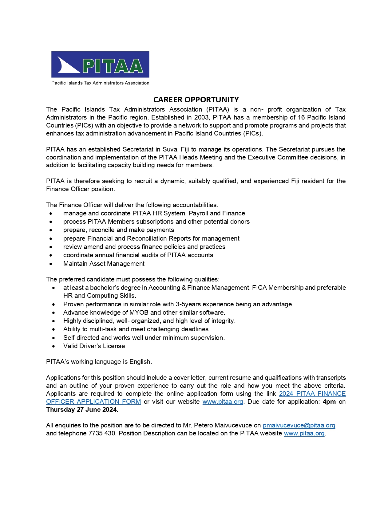 Vacancy 01 of 2024: Finance Officer (CLOSED) – PITAA – Pacific Islands ...
