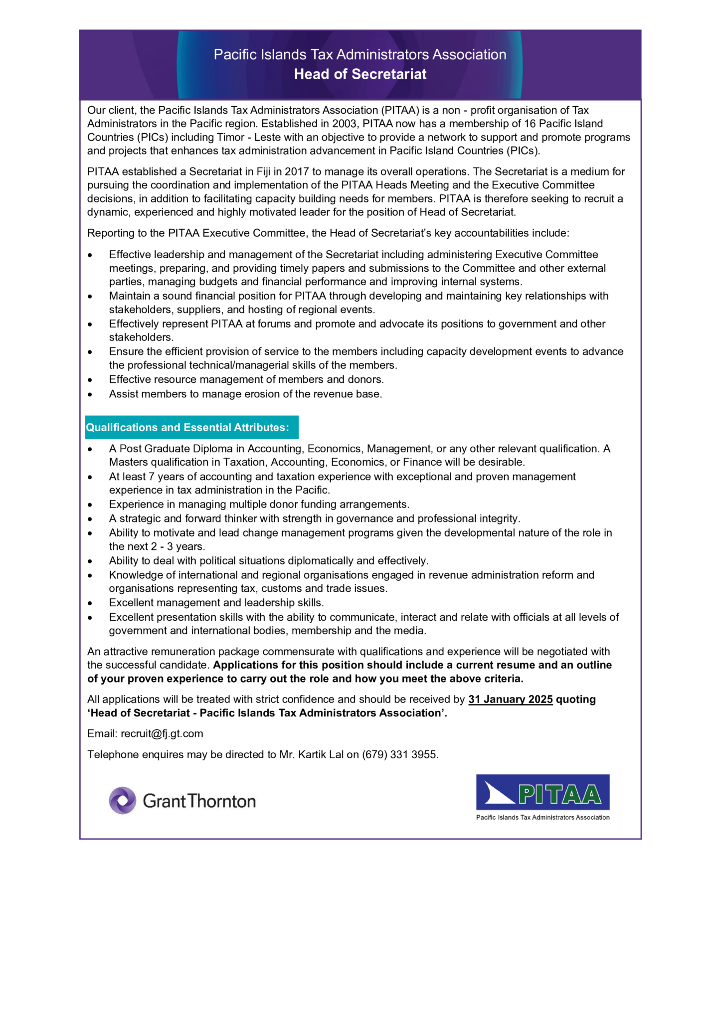 Vacancy 01 of 2025: Head of Secretariat – PITAA – Pacific Islands Tax ...